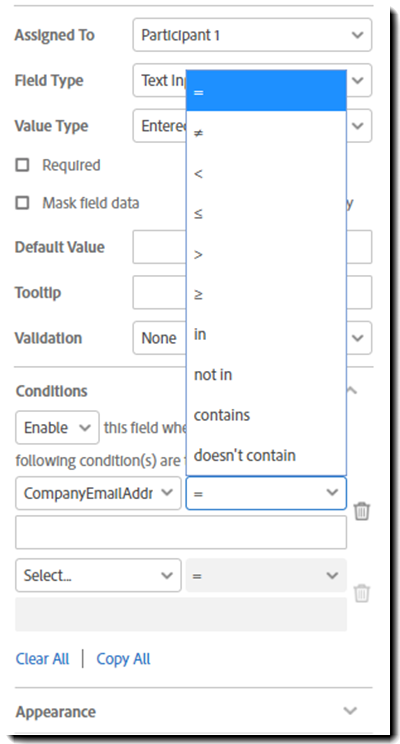Setting form field show/hide conditions